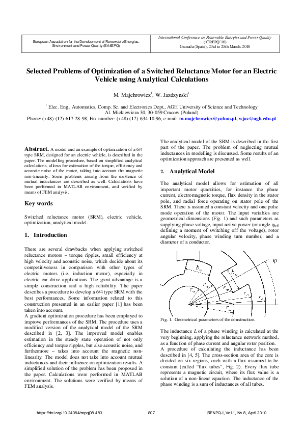 Pdf Selected Problems Of Optimization Of A Switched Reluctance Motor For An Electric Vehicle