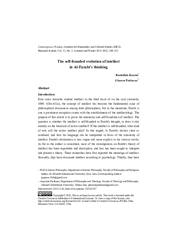 (PDF) The self-founded evolution of intellect in Al-Farabi's thinking