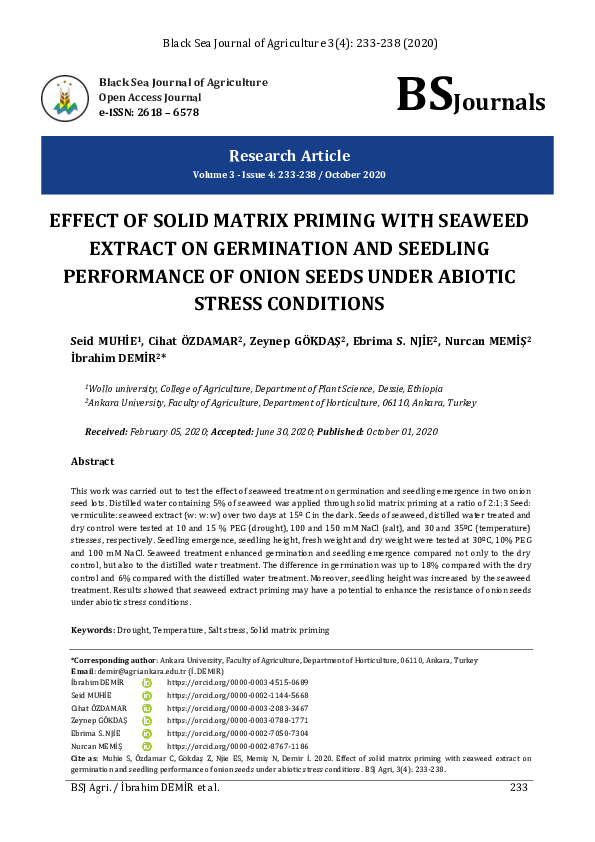 (PDF) Effect of Solid Matrix Priming With Seaweed Extract on ...