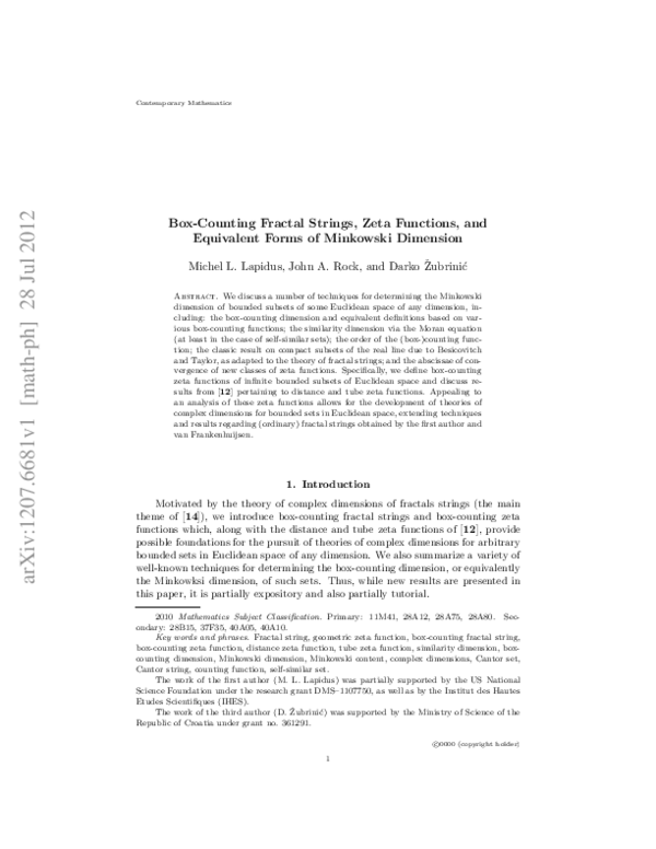 Pdf Box Counting Fractal Strings Zeta Functions And Equivalent Forms Of Minkowski Dimension