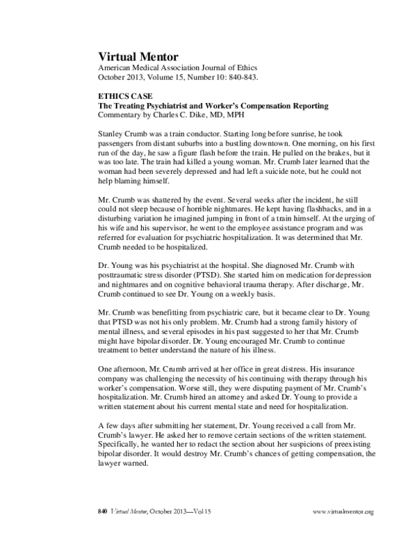 (PDF) The treating psychiatrist and worker's compensation reporting