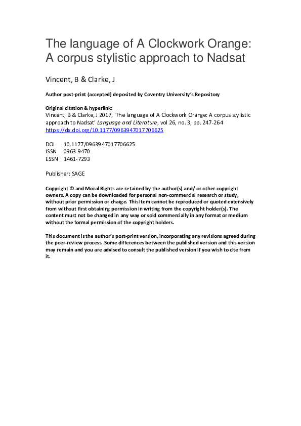 (PDF) The language of A Clockwork Orange: A corpus stylistic approach ...