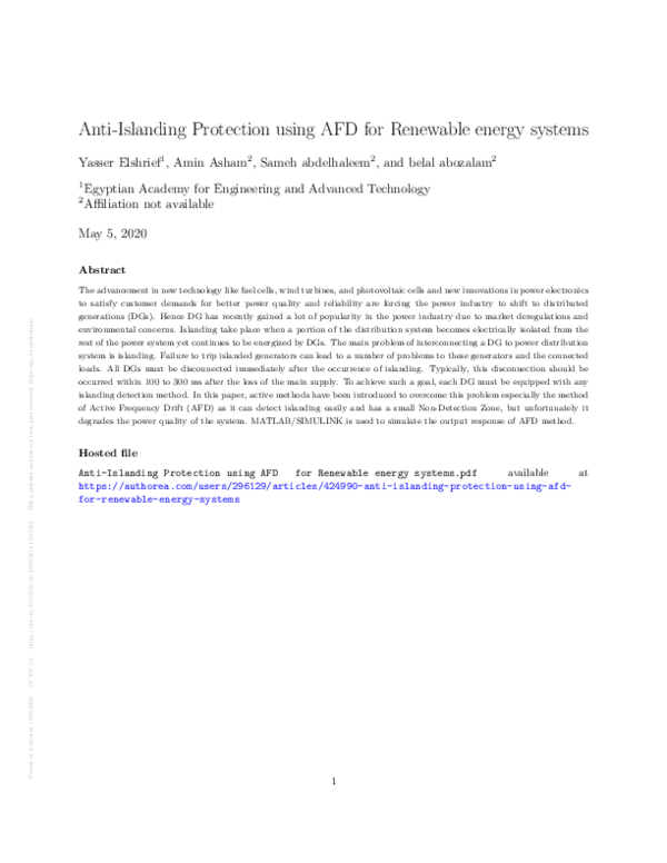 (PDF) Anti-Islanding Protection using AFD for Renewable energy systems