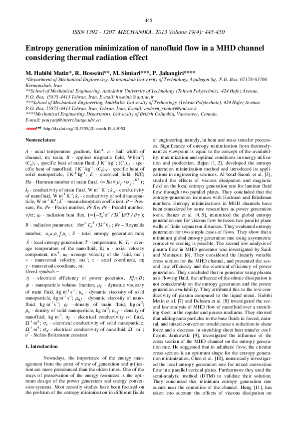 (PDF) Entropy Generation Minimization of Nanofluid Flow in a MHD Channel Considering Thermal ...