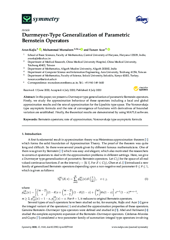 Pdf Durrmeyer Type Generalization Of Parametric Bernstein Operators