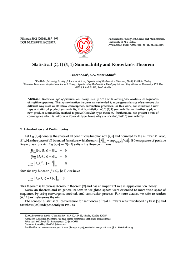 Pdf Statistical C 1 E 1 Summability And Korovkin S Theorem Tuncer Acar