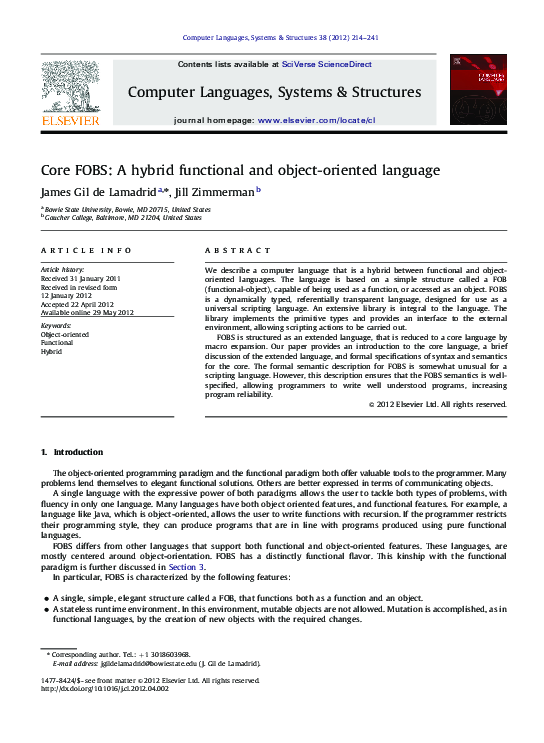 (PDF) Core FOBS: A hybrid functional and object-oriented language