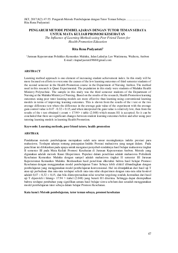 (PDF) Pengaruh Metode Pembelajaran Dengan Tutor Teman Sebaya Untuk Mata ...