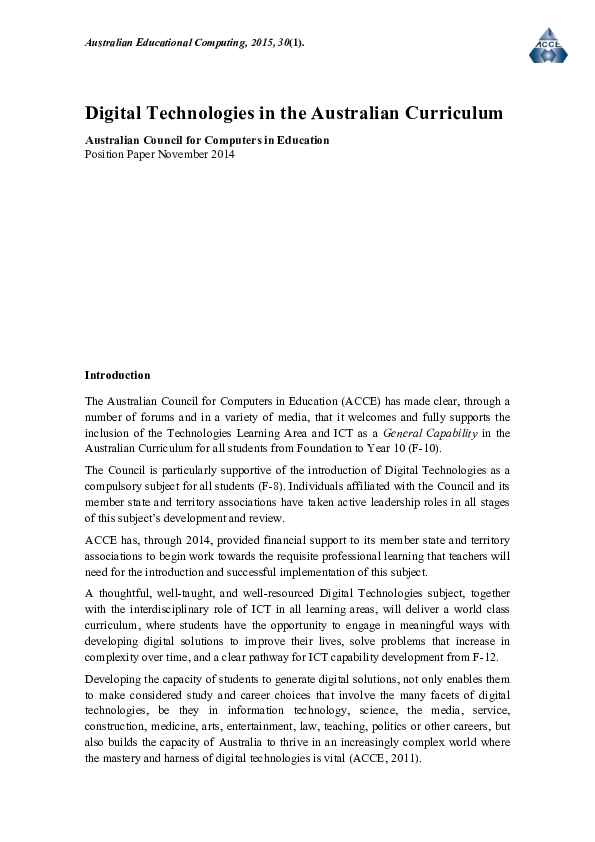 (PDF) Digital Technologies in the Australian Curriculum