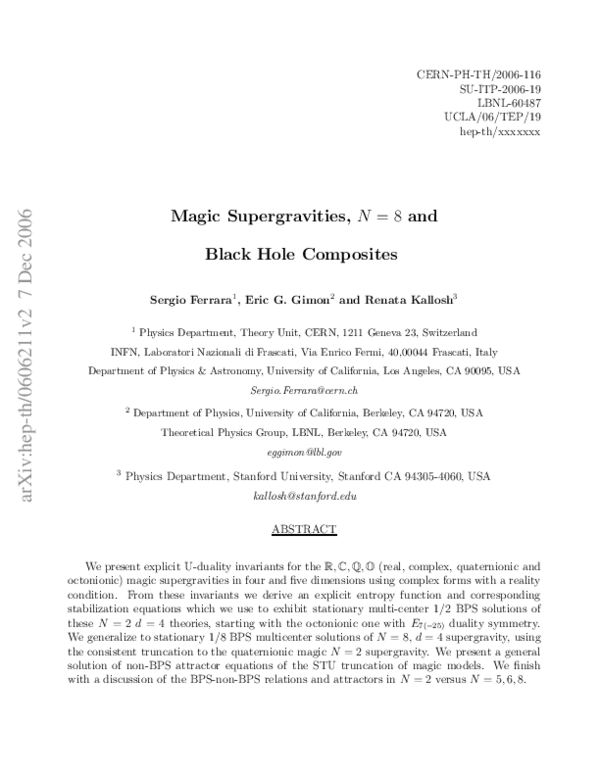 (PDF) Magic Supergravities, N= 8 and Black Hole Composites | Eric Gimon ...