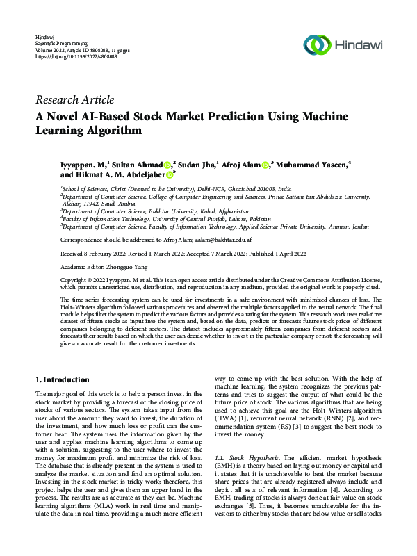 (PDF) A Novel AI-Based Stock Market Prediction Using Machine Learning ...
