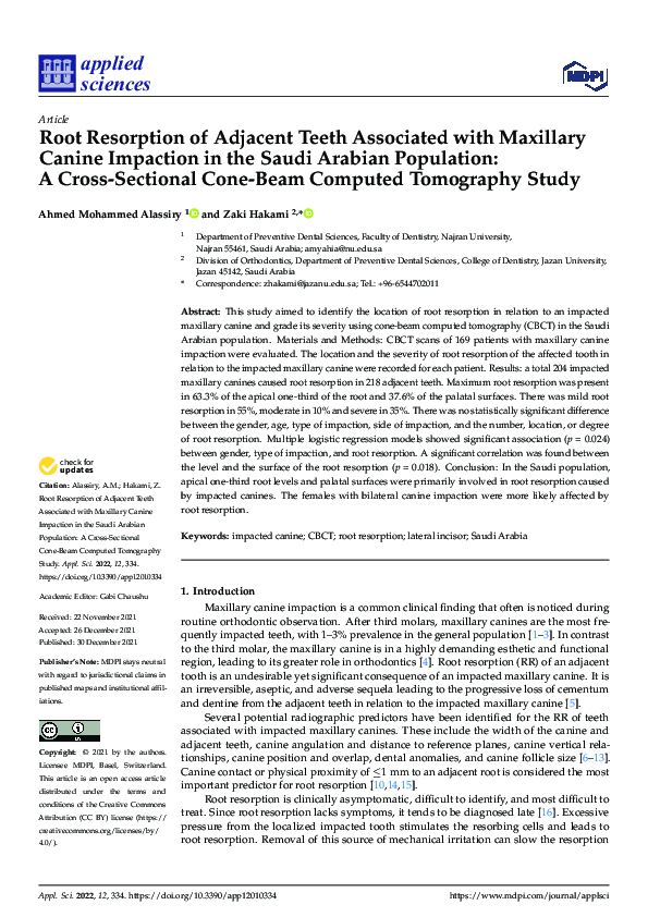 (PDF) Root Resorption of Adjacent Teeth Associated with Maxillary Canine Impaction in the Saudi ...