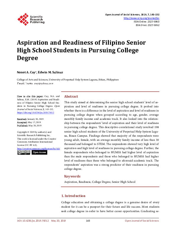 (PDF) Aspiration and Readiness of Filipino Senior High School Students ...