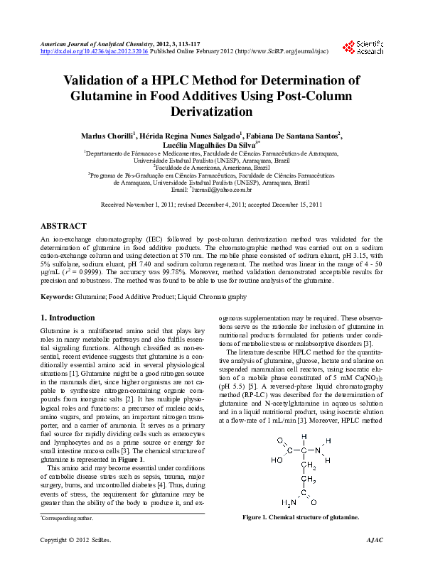(PDF) Validation of a HPLC Method for Determination of Glutamine in Food Additives Using Post ...