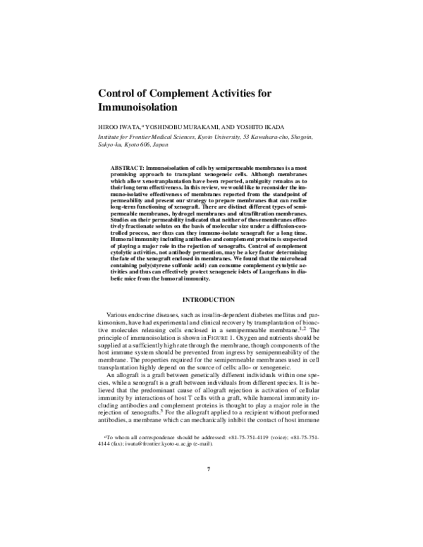 (PDF) Control of Complement Activities for Immunoisolation