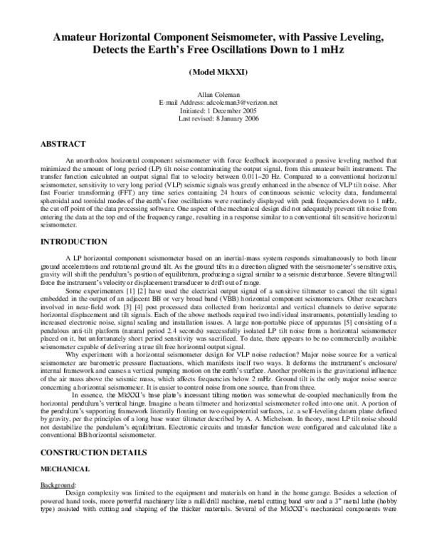 (PDF) Amateur Horizontal Component Seismometer, with Passive Leveling ...
