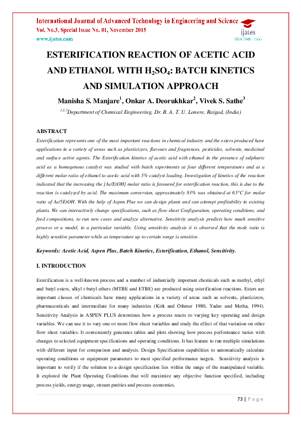 (PDF) Esterification Reaction of Acetic Acid and Ethanol with H 2 So 4 : Batch Kinetics and ...