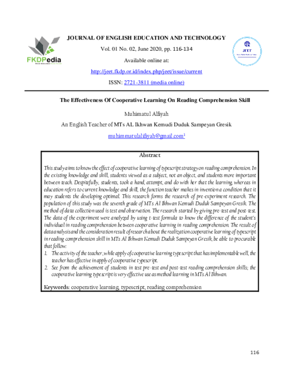 (PDF) The Effectiveness Of Cooperative Learning On Reading ...