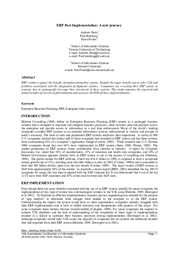 (PDF) ERP Post Implementation: A New Journey