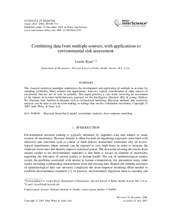 (PDF) Combining data from multiple sources, with applications to environmental risk assessment