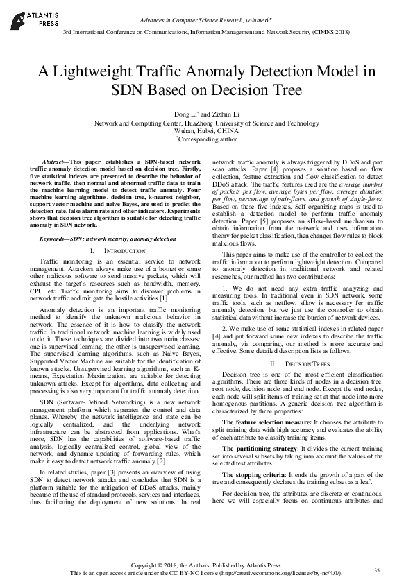 Pdf A Lightweight Traffic Anomaly Detection Model In Sdn Based On