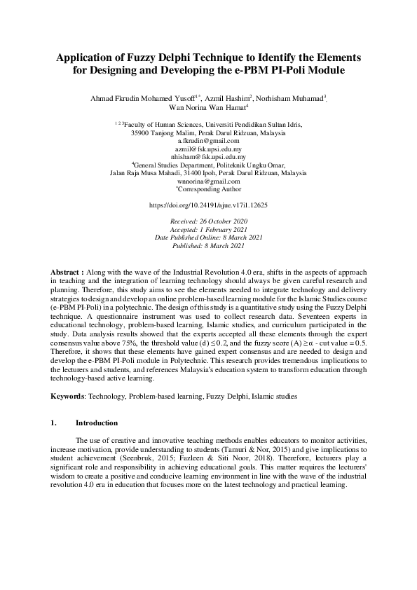 Pdf Application Of Fuzzy Delphi Technique Towards Designing And Developing The Elements For