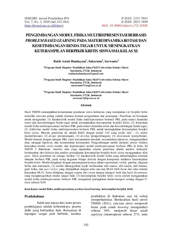 (PDF) Pengembangan Modul Fisika Multirepresentasi Berbasis Problem Based Learning Pada Materi ...