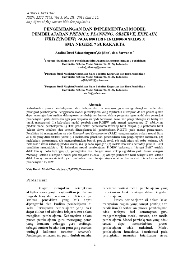 (PDF) Pengembangan Dan Implementasi Model Pembelajaran Predict, Planning, Observe, Explain ...