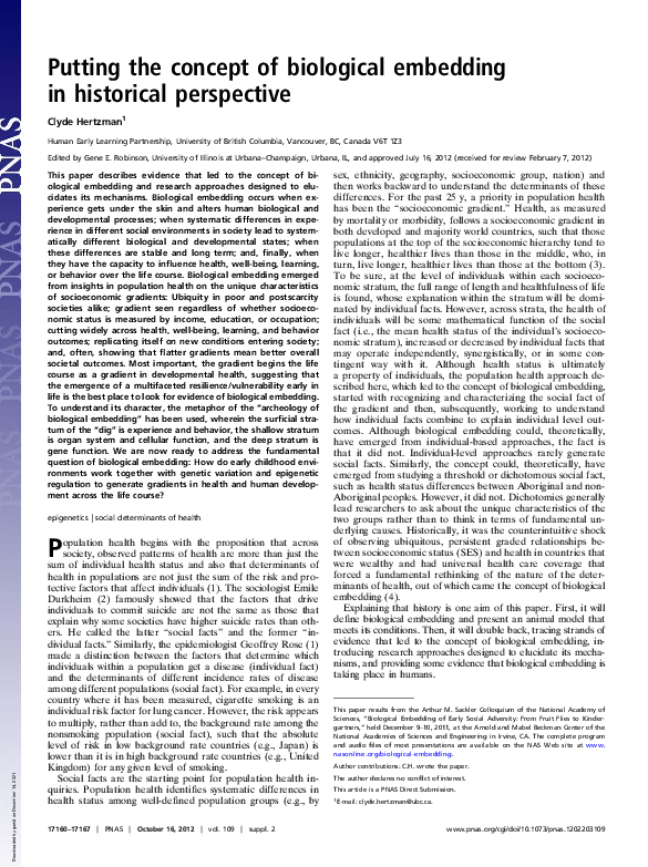 (PDF) Putting the concept of biological embedding in historical ...