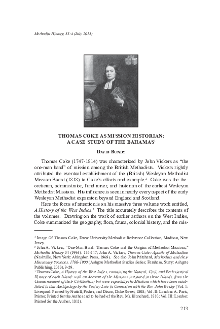 (PDF) Thomas Coke as Mission Historian: A Case Study of the Bahamas
