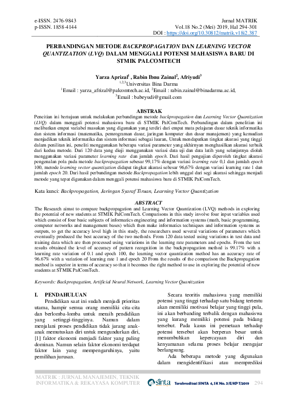 (PDF) Perbandingan Metode Backpropagation dan Learning Vector Quantization (LVQ) Dalam Menggali ...