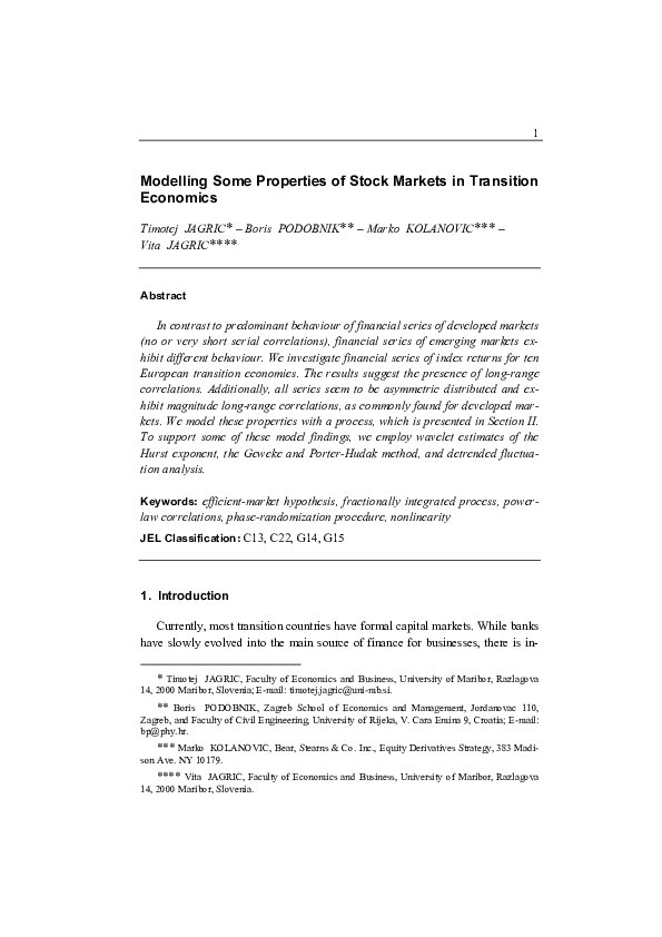 (PDF) Modelling some properties of stock markets in transition economics