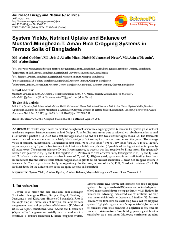 (PDF) System Yields, Nutrient Uptake and Balance of Mustard-Mungbean-T ...