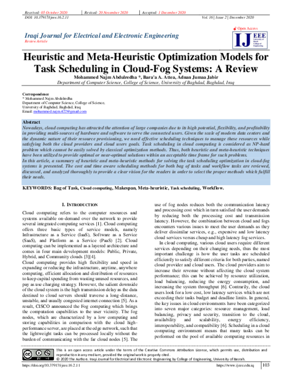 Pdf Heuristic And Meta Heuristic Optimization Models For Task Scheduling In Cloud Fog Systems