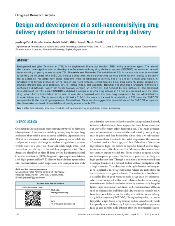 Pdf Design And Development Of A Self Nanoemulsifying Drug Delivery System For Telmisartan For