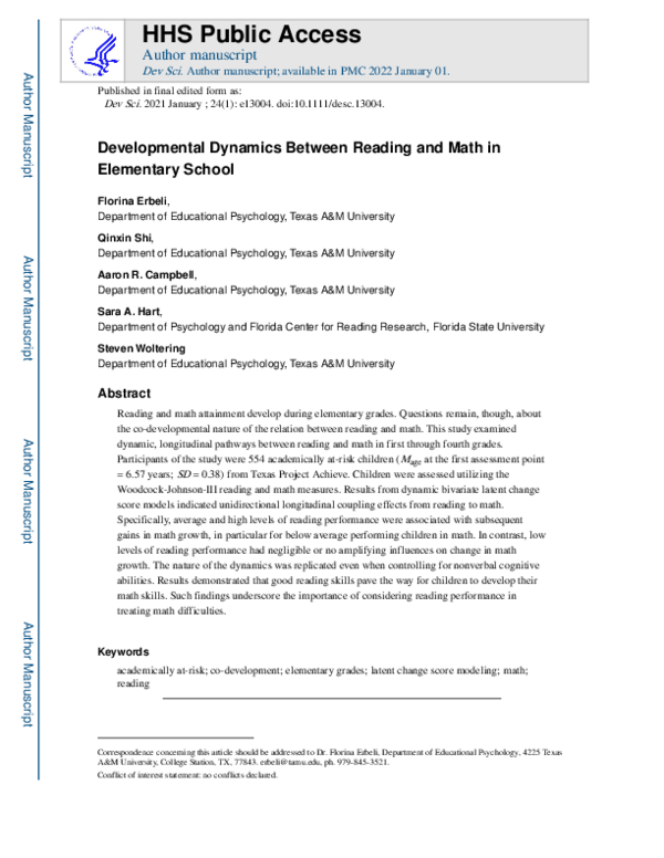 (PDF) Developmental Dynamics Between Reading and Math in Elementary School