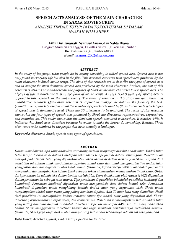 (PDF) Speech Acts Analysis of the Main Character in Shrek Movie Script Analisis (Tindak Tutur ...