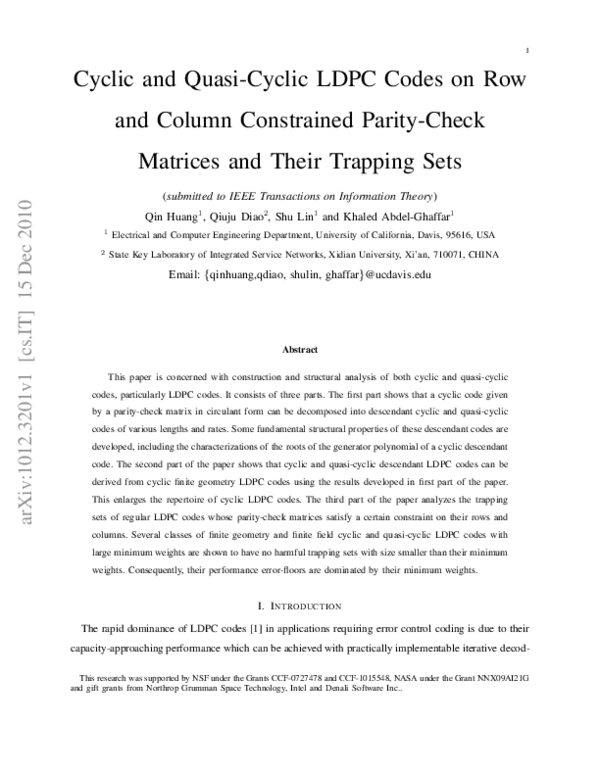 (PDF) Cyclic and Quasi-Cyclic LDPC Codes on Row and Column Constrained Parity-Check Matrices and ...