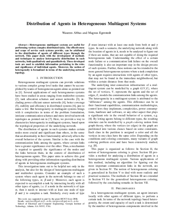 (PDF) Distribution of agents in heterogeneous multiagent systems