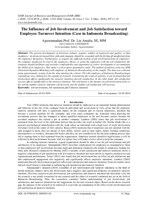 (PDF) The Influence of Job Involvement and Job Satisfaction toward Employee Turnover Intention ...