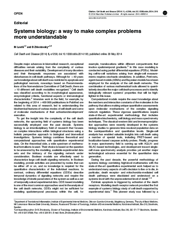 (PDF) Systems biology: a way to make complex problems more understandable