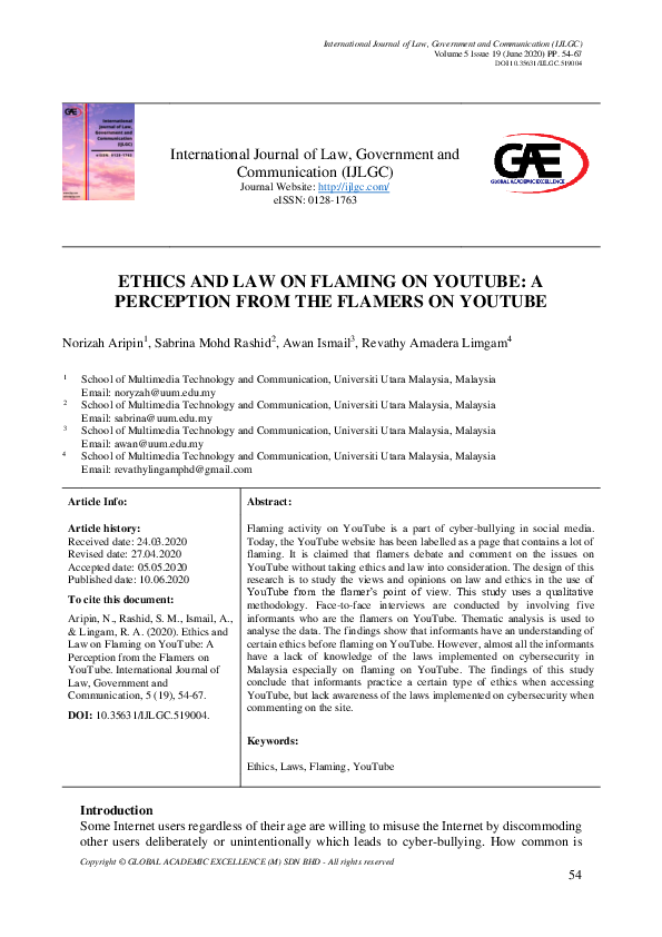 (PDF) Ethics and Law on Flaming on Youtube: A Perception from the ...
