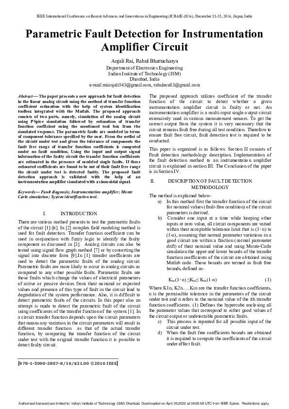 Pdf Parametric Fault Detection For Instrumentation Amplifier Circuit Rahul Bhattacharya And