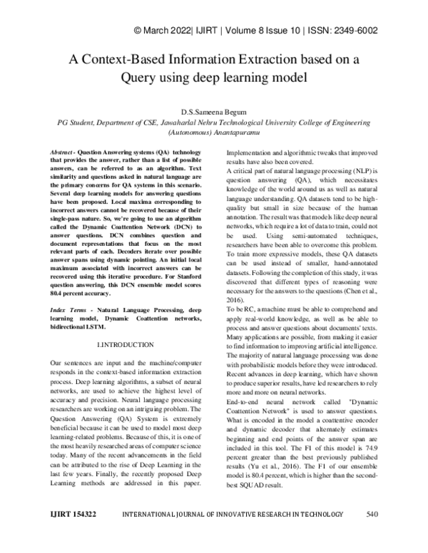 Pdf A Context Based Information Extraction Based On A Query Using