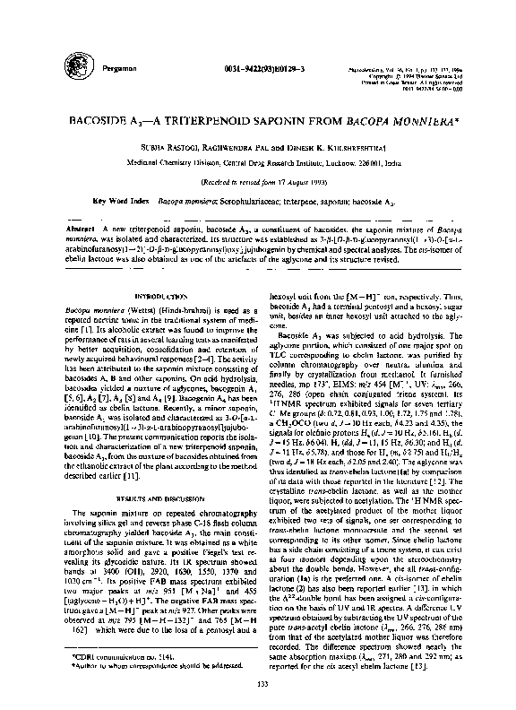 (PDF) Bacoside A3---A triterpenoid saponin from Bacopa monniera