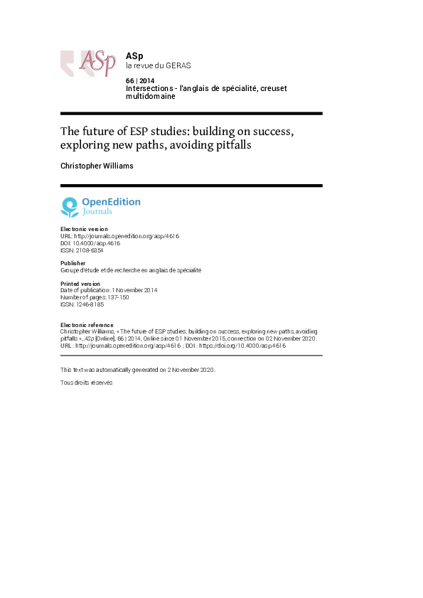 (PDF) The future of ESP studies: building on success, exploring new ...