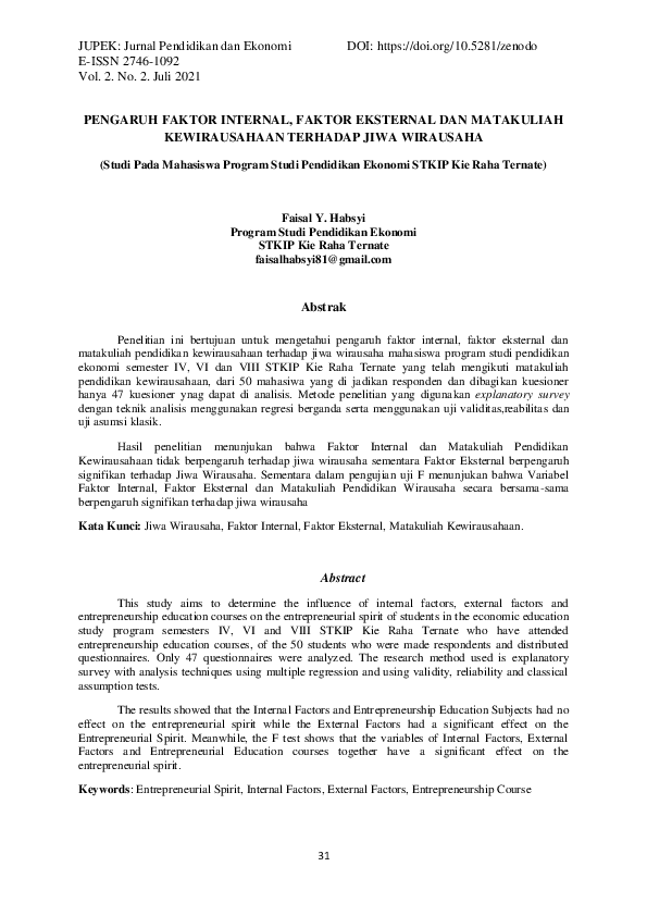 (PDF) PENGARUH FAKTOR INTERNAL, FAKTOR EKSTERNAL DAN MATAKULIAH KEWIRAUSAHAAN TERHADAP JIWA ...