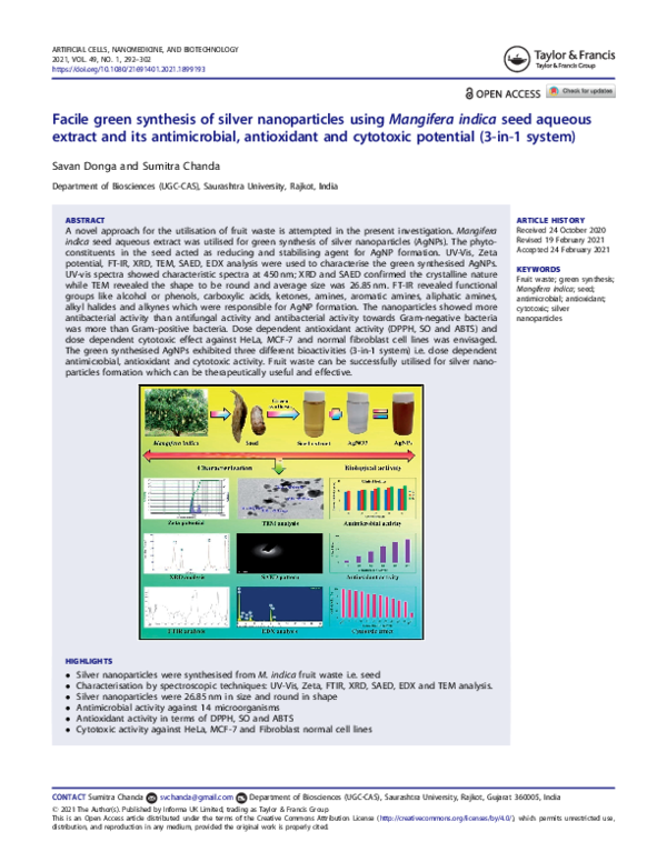 (PDF) Facile green synthesis of silver nanoparticles using Mangifera indica seed aqueous extract ...