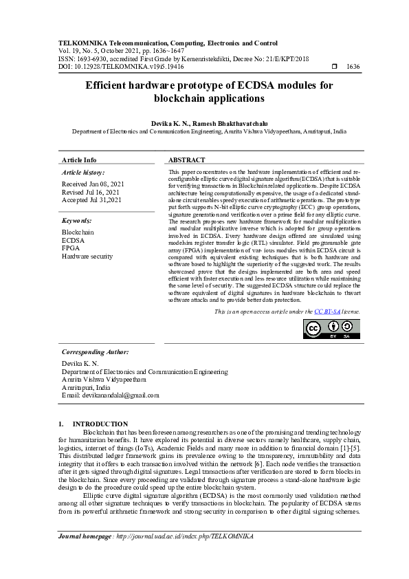 (PDF) Efficient hardware prototype of ECDSA modules for blockchain ...