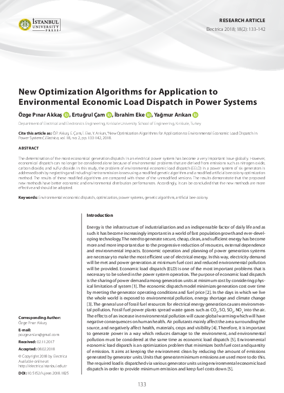 (PDF) New Optimization Algorithms for Application to Environmental Economic Load Dispatch in ...